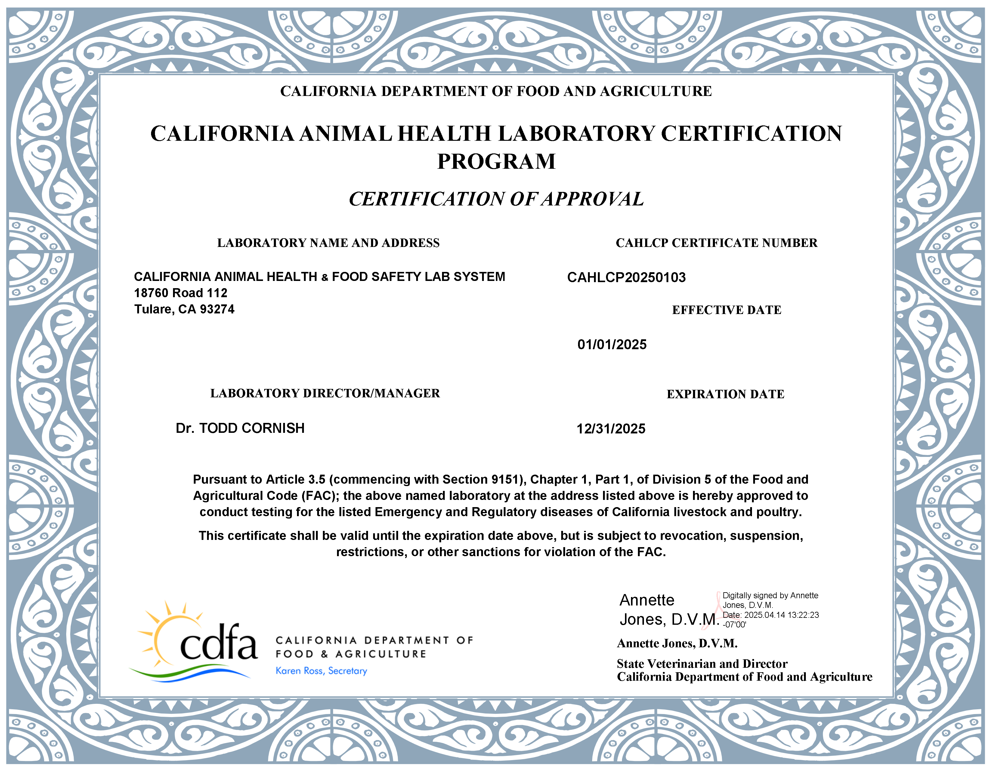 California Animal Health & Food Safety Lab System - Quality Assurance ...
